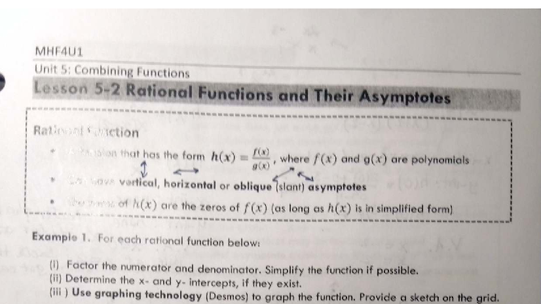 MHF4U1 Unit 5: Lesson 5-2 Notes on Rational Functions & Asymptotes ...
