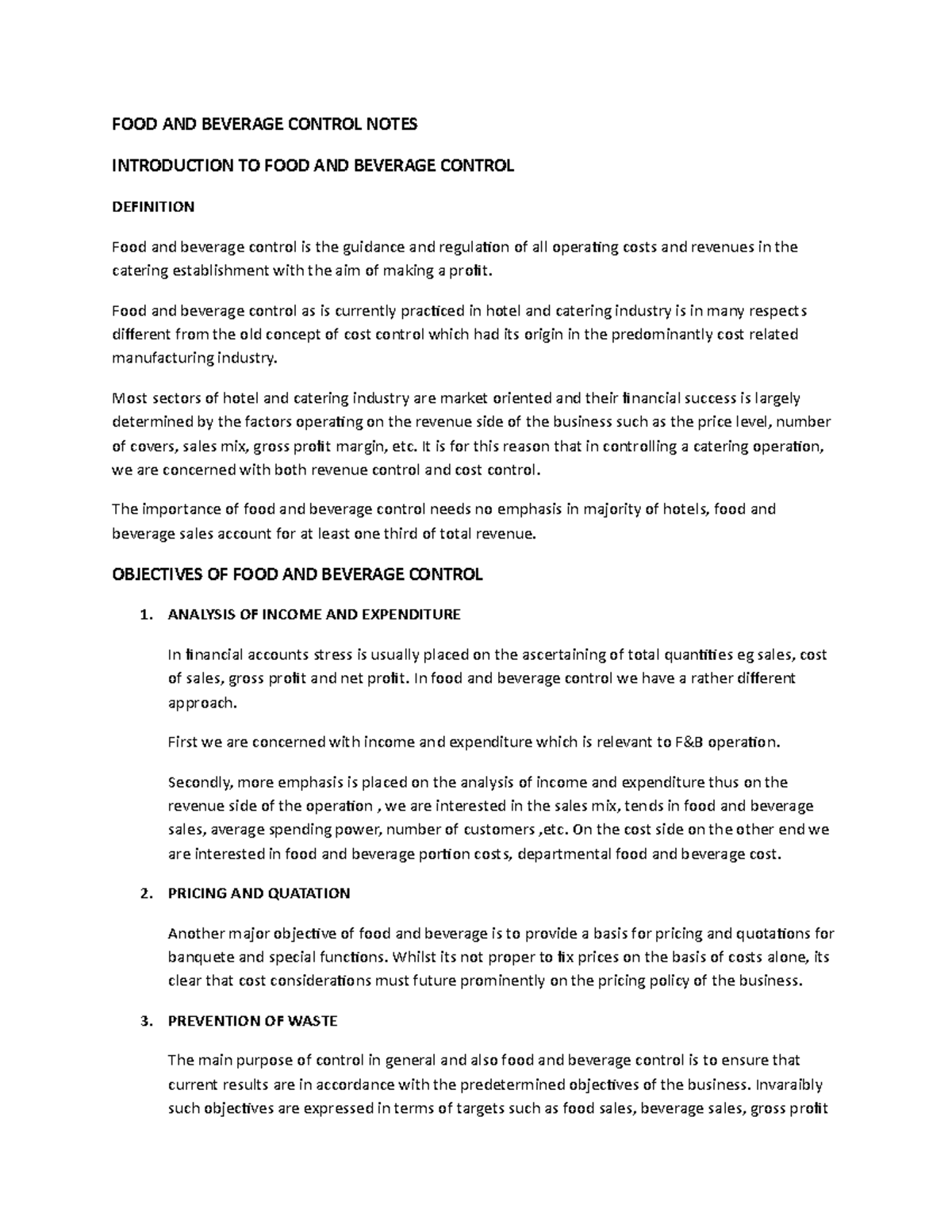 Catering and accomodation control notes - Hospitality management - Studocu