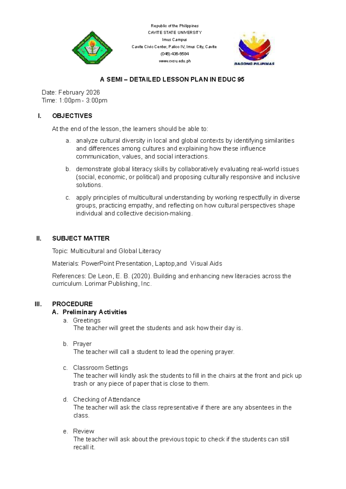EDUC 95: Semi-Detailed Lesson Plan on Multicultural & Global Literacy ...