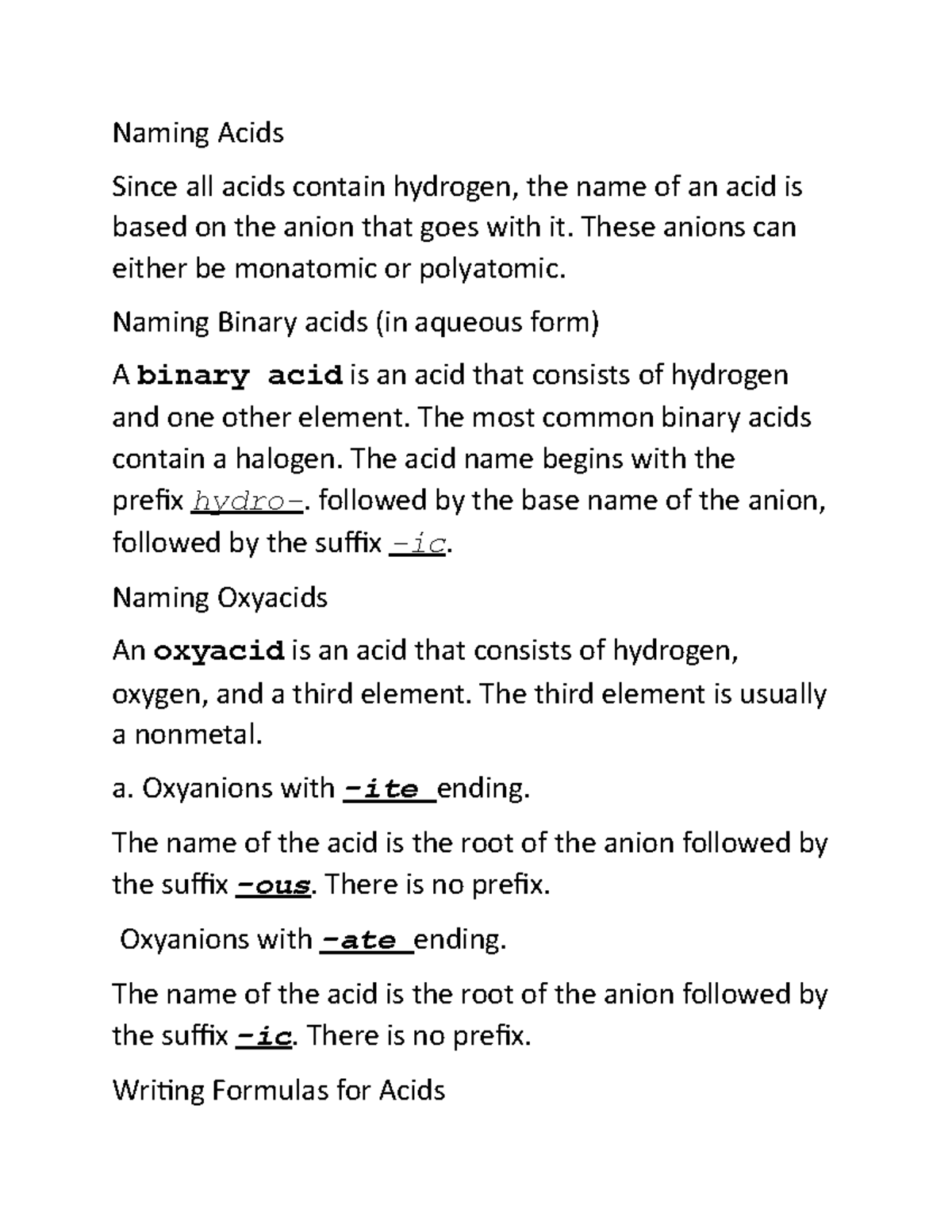 Naming Acids - Notes on Acid Base Names - Naming Acids Since all acids ...