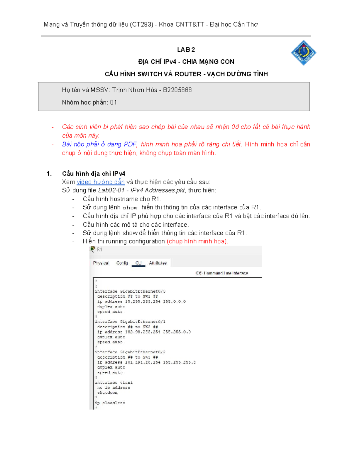Mạng và Truyền thông dữ liệu (CT293) Lab 2: Cấu Hình IPv4 và Static Route - Studocu