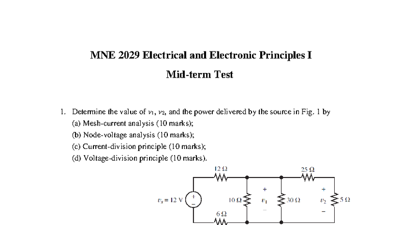 MNE 2029 Midterm 1: Electrical & Electronic Principles I Test - Studocu