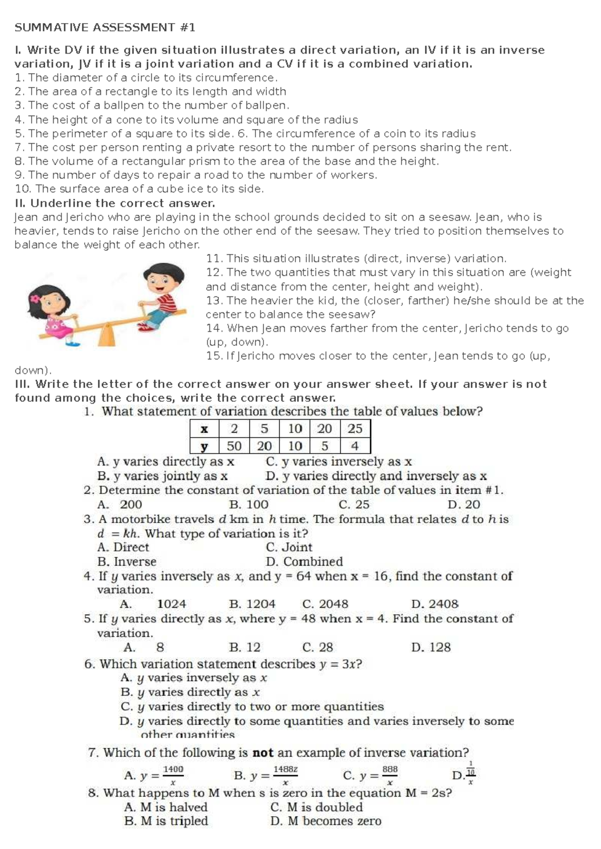 Summative Assessment #1 2Q: Understanding Variations - Studocu