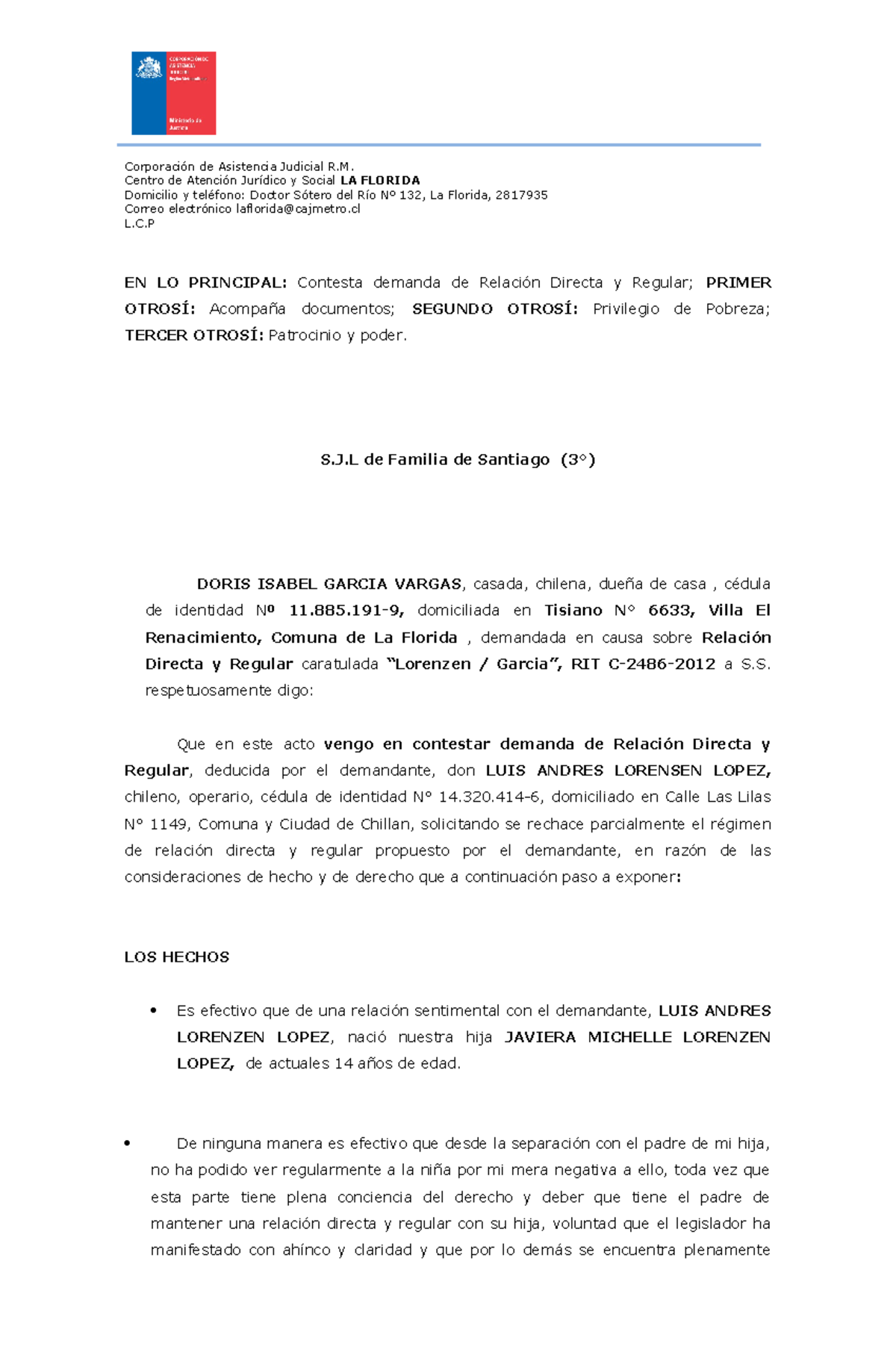 Contestación a Demanda de Relación Directa y Regular - L.C.P. - Studocu