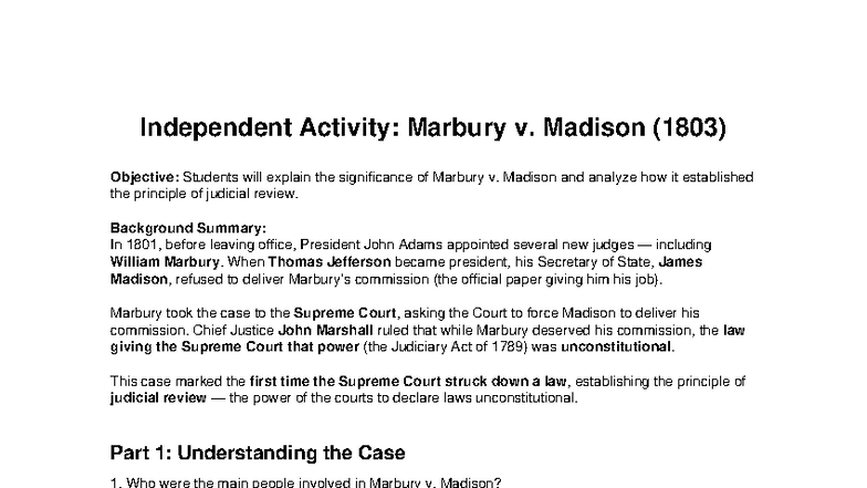 Independent Activity: Marbury v. Madison (1803) Analysis & Significance ...