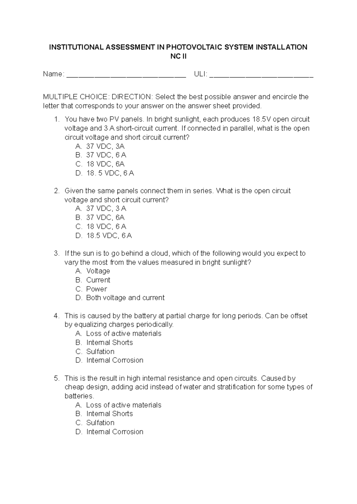 NC II Written Test: Institutional Assessment in PV System Installation ...