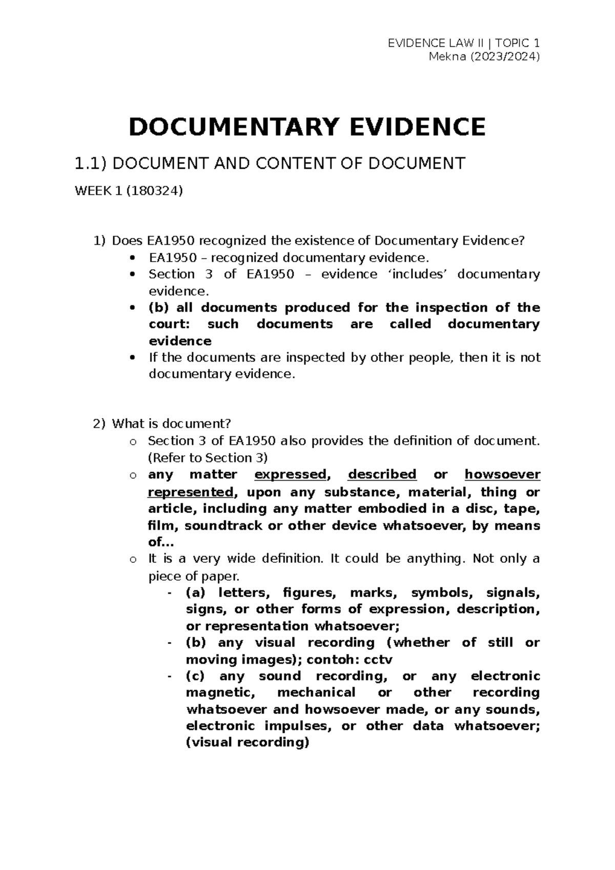 Evidence Law II Lecture Notes - Documentary Evidence (Final Exam) - Studocu
