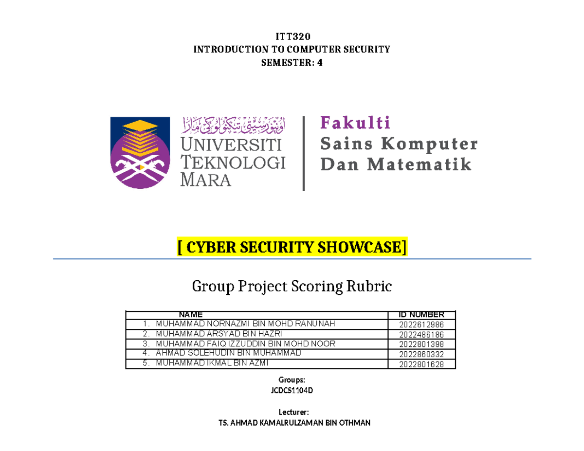 Rubric itt320 - ITT INTRODUCTION TO COMPUTER SECURITY SEMESTER: 4 [ CYBER SECURITY SHOWCASE ...
