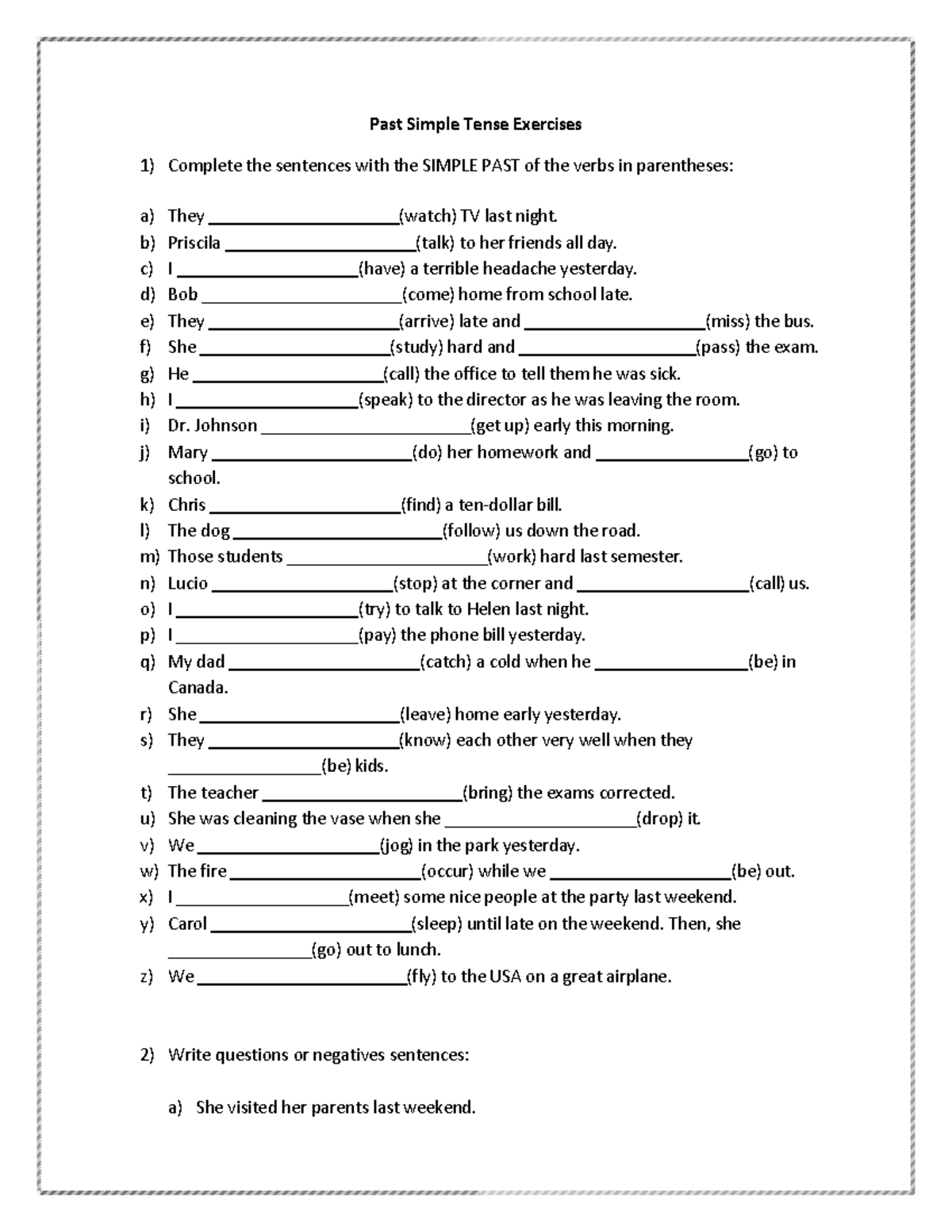 Past Simple Tense Exercises - ESL Practice (Ex. 1) - Studocu