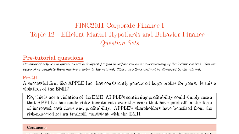 FINC2011 Tutorial Topic 12: Efficient Market Hypothesis & Behavioral ...