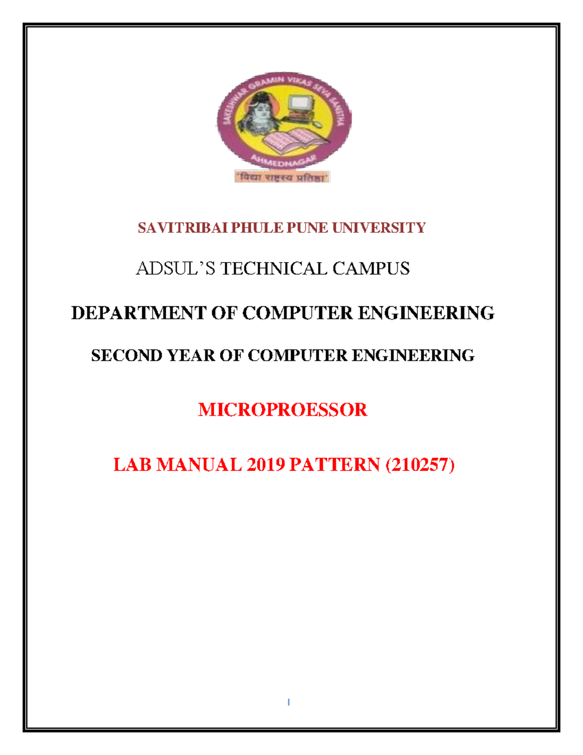 Microprocessor Lab Manual 2019 Pattern (210257): Experiments Guide - Studocu