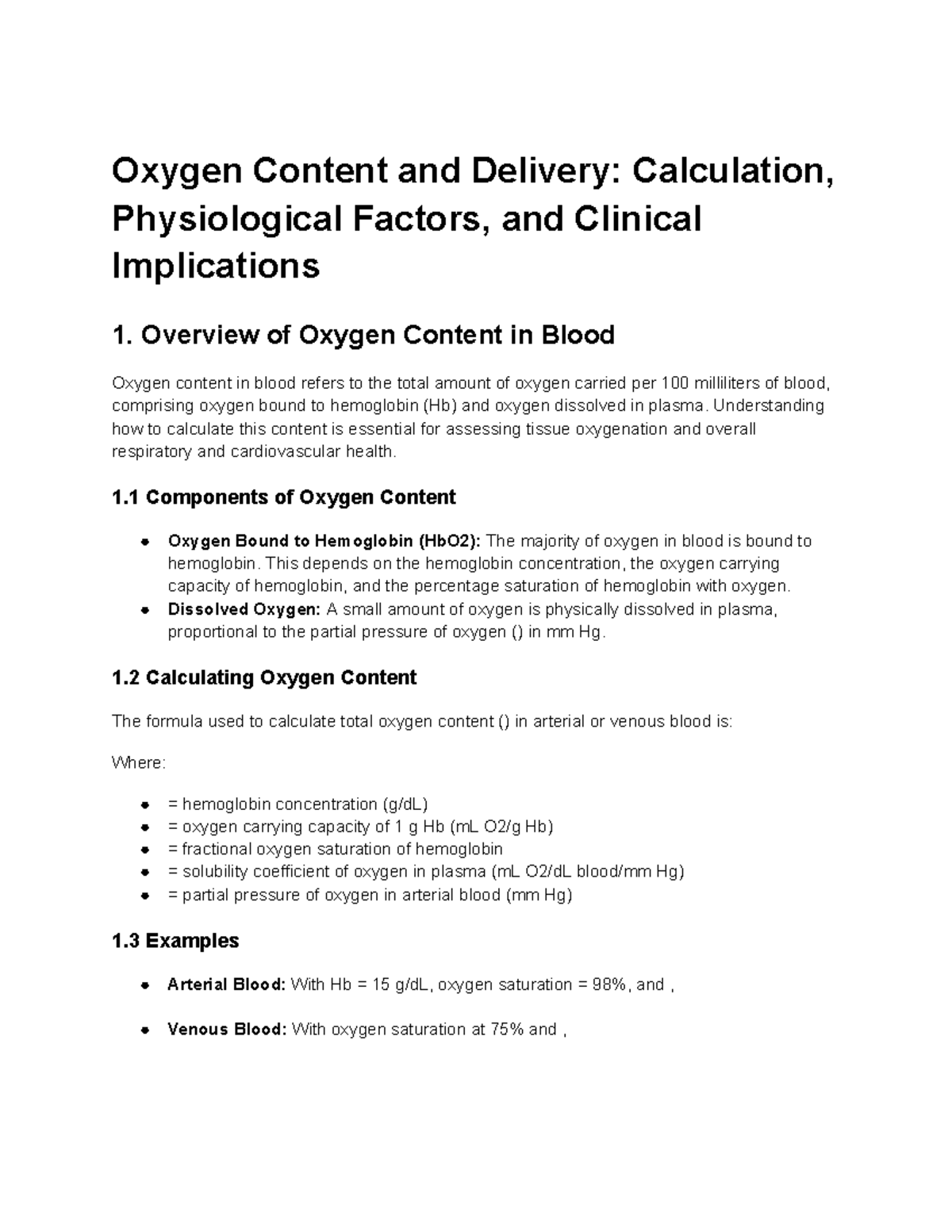 Oxygen Content II: Calculation & Clinical Implications in Health - Studocu