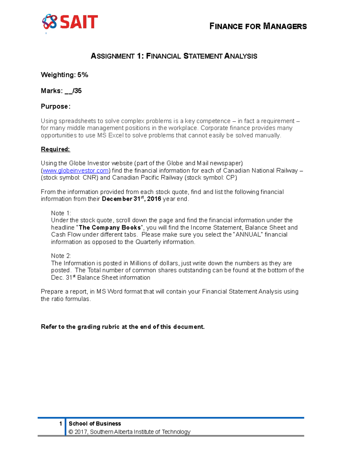 Assignment 1 - Financial Statement Analysis of CNR and CP (2016) - Studocu