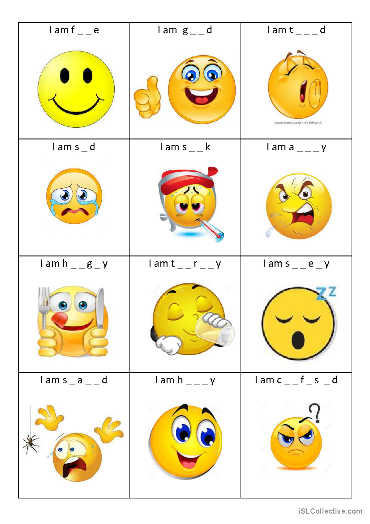 How are you feeling - eng - I am f _ _ e I am g _ _ d I am t _ _ _ d I ...
