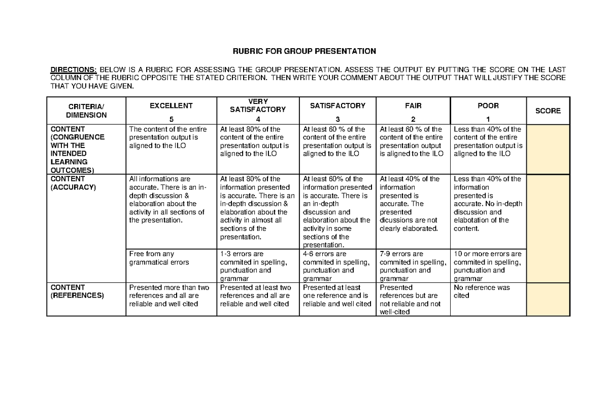 Group Presentation Assessment Rubric: Evaluation Criteria - Studocu
