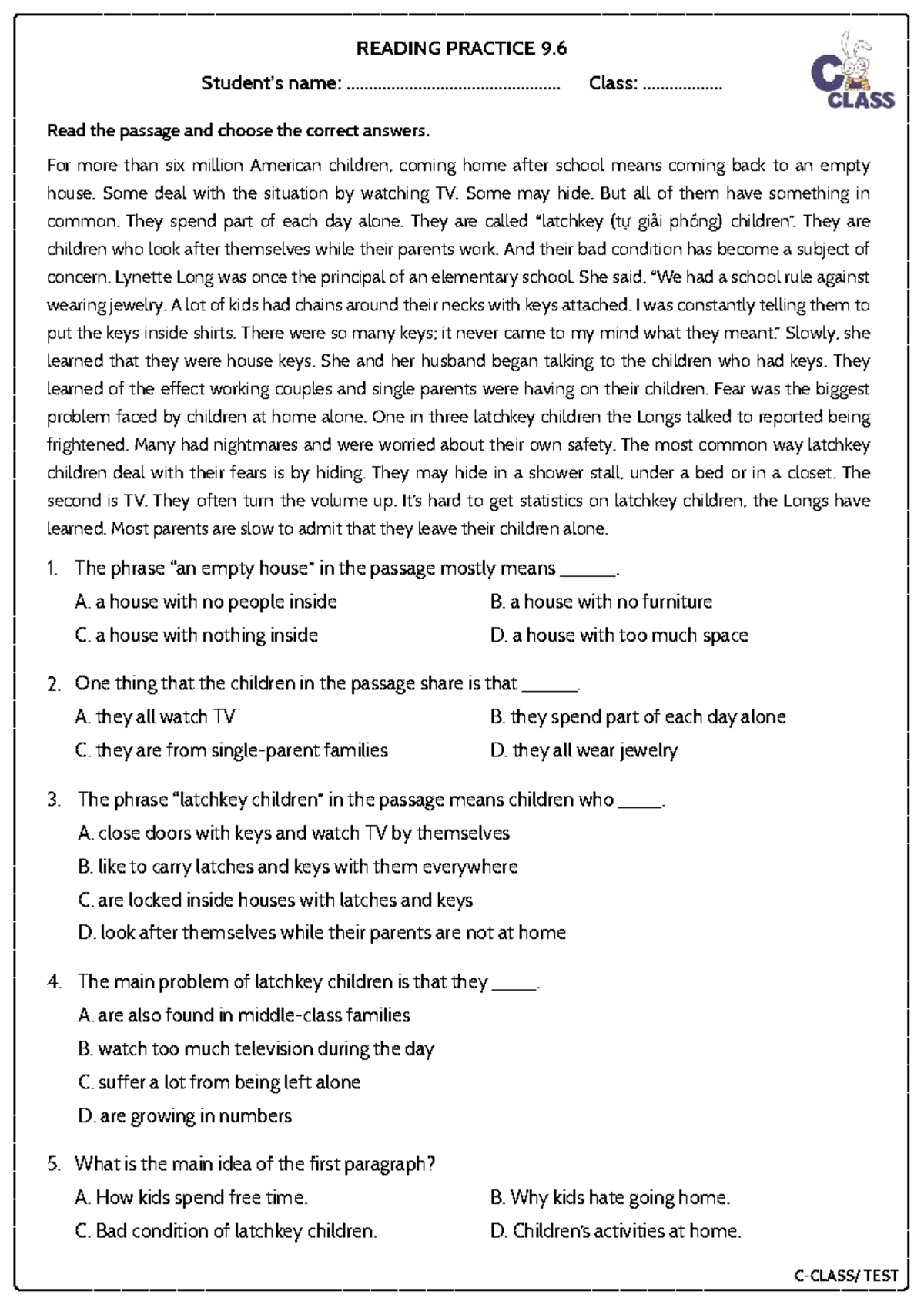 Reading Practice 9.6: Understanding Latchkey Children - Studocu