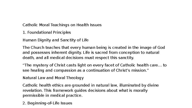 Catholic Moral Teachings on Health Issues: Principles & Ethics - Studocu