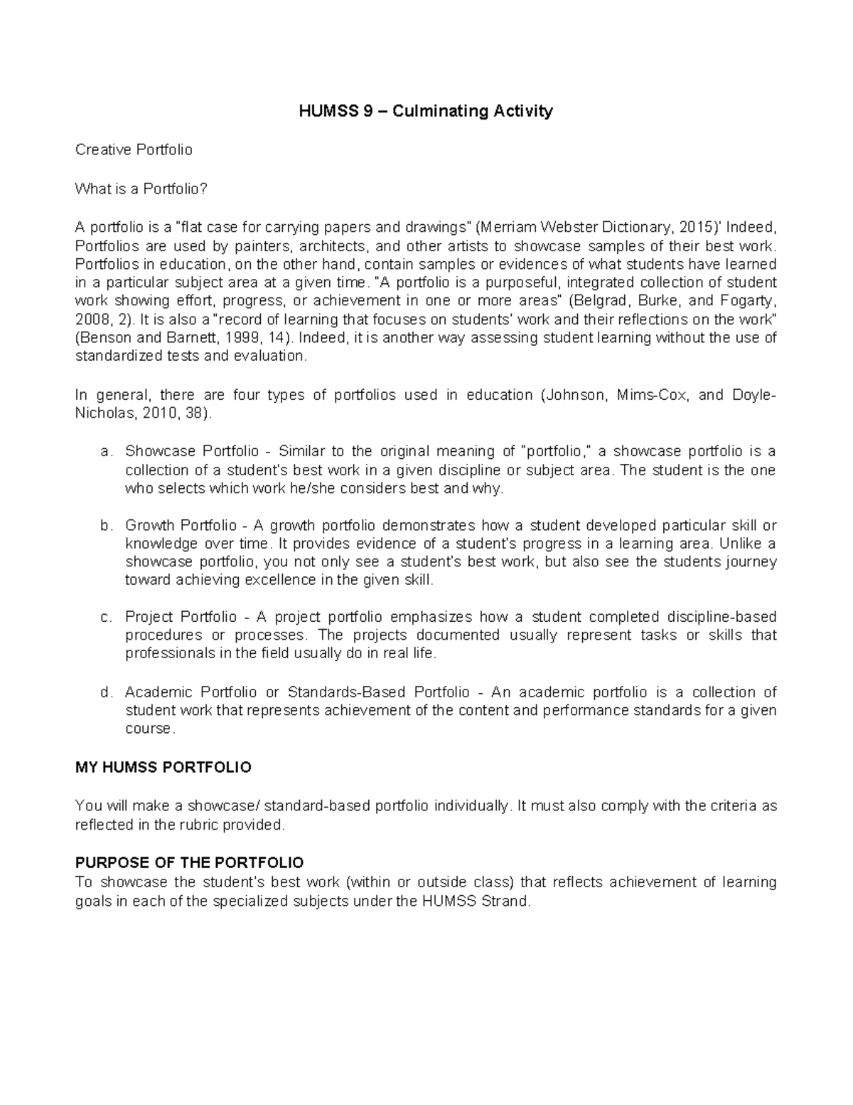 HUMSS 9 Culminating Activity: Creative Portfolio Guidelines and Rubric ...