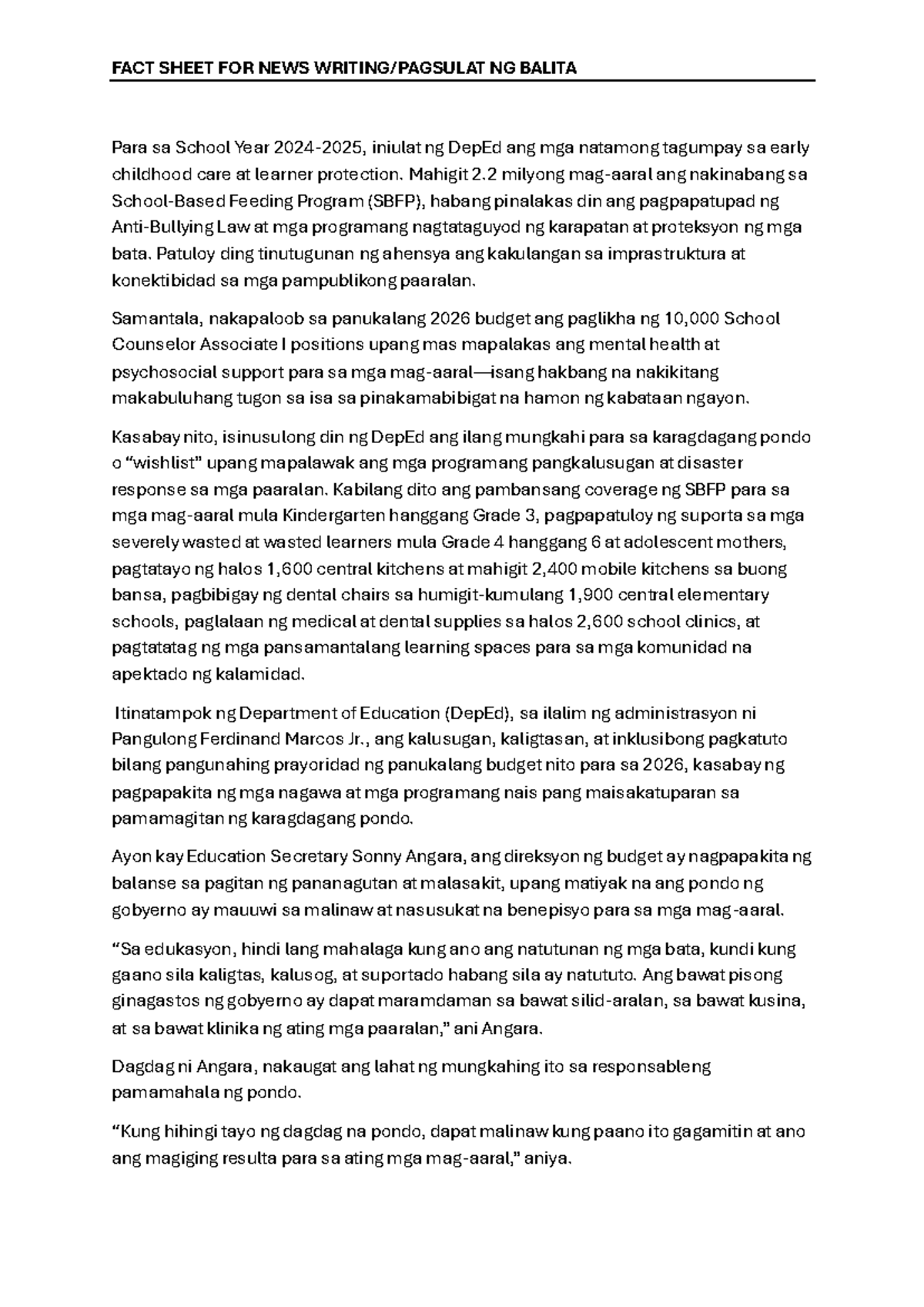 Factsheet: DepEd 2026 Budget Focus on Learner Protection & Health - Studocu