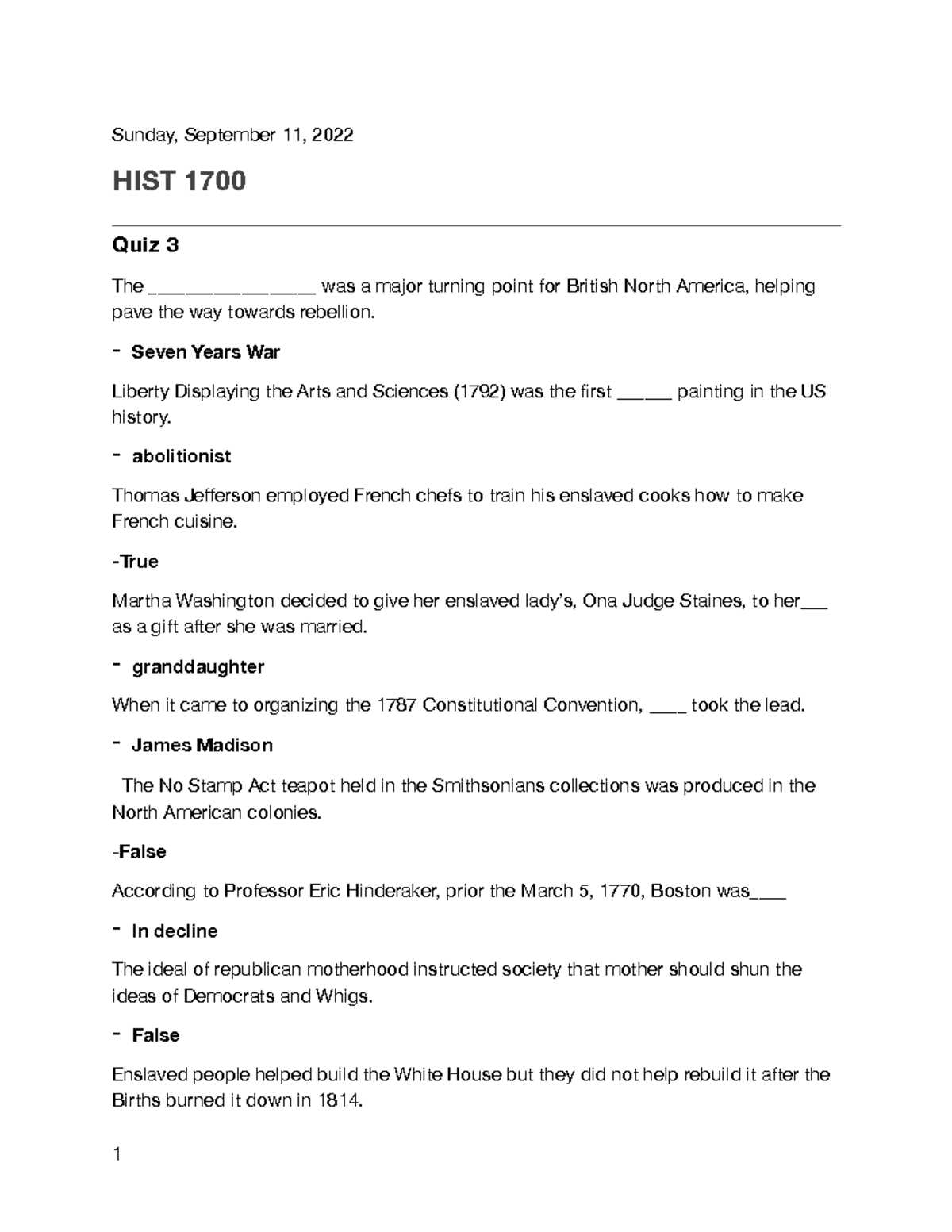 HIST 1700 Quiz 3 Study Notes: Key Points and Highlights - Studocu