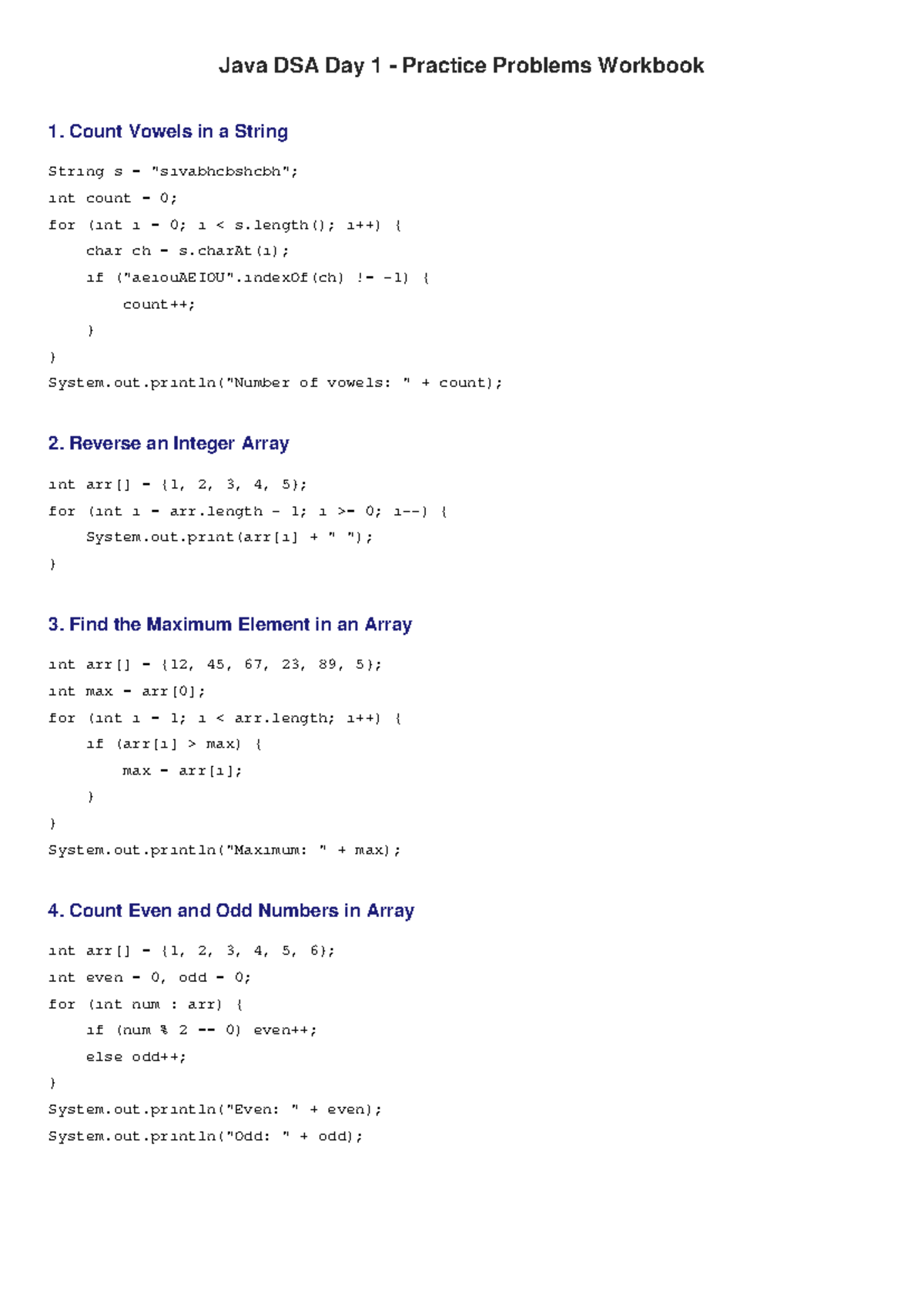 Java DSA Day 1 Practice Problems Workbook - Studocu