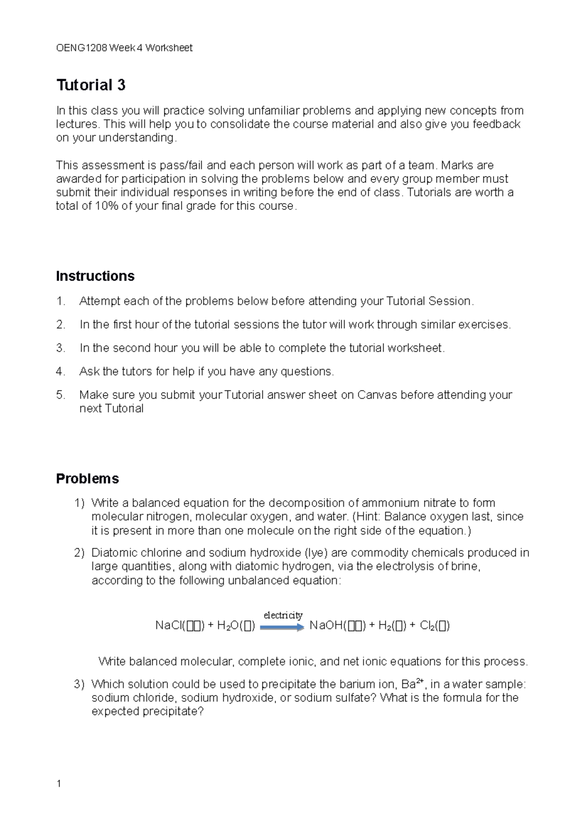 Week 4 Tutorial Worksheet - OENG1208 Week 4 Worksheet Tutorial 3 In ...