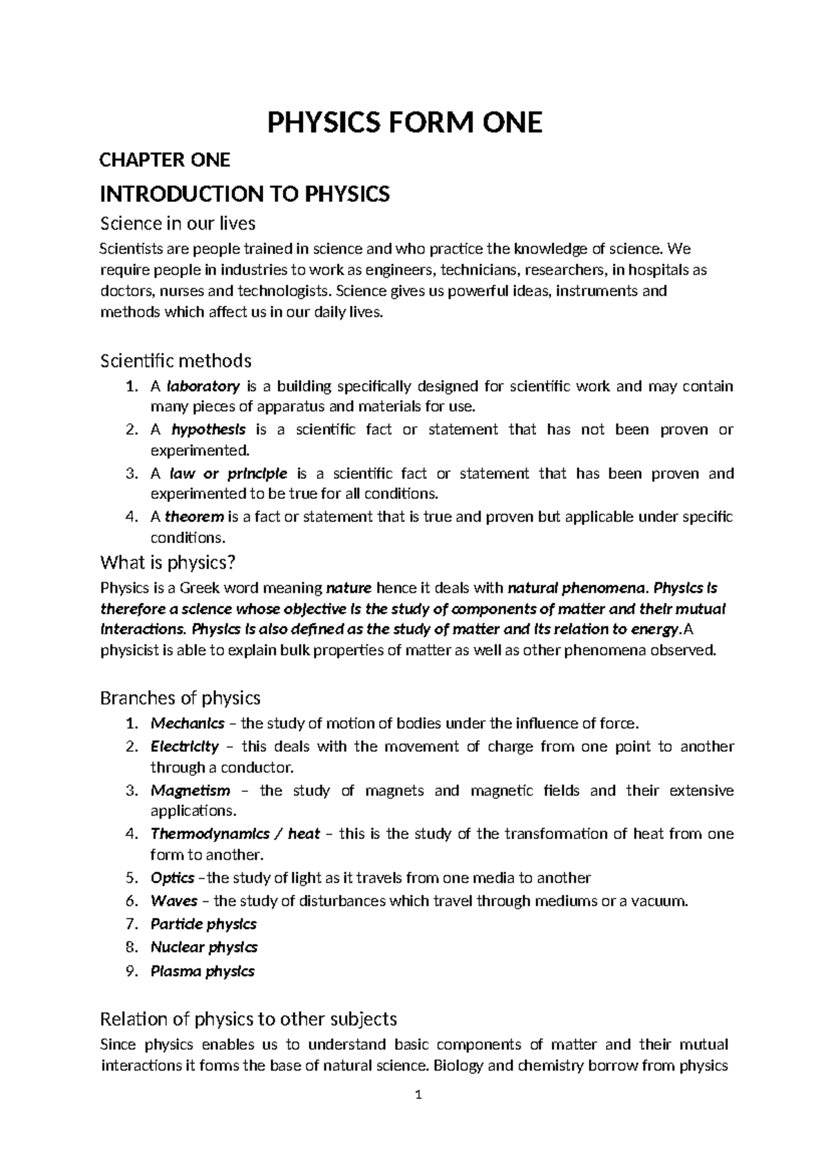PHYSICS FORM ONE CHAPTER ONE: INTRODUCTION TO PHYSICS - Studocu