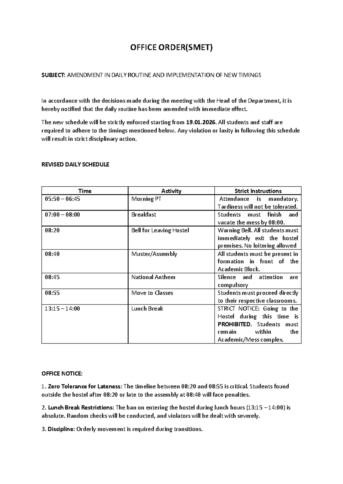 OFFICE ORDER (SMET): New Daily Routine & Timings Implementation - Studocu
