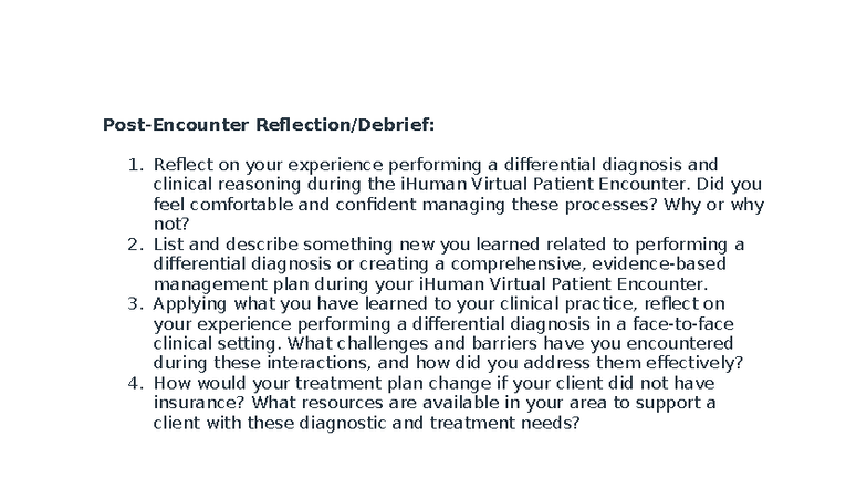Week 5 Ihuman reflection - Post-Encounter Reflection/Debrief: 1 ...