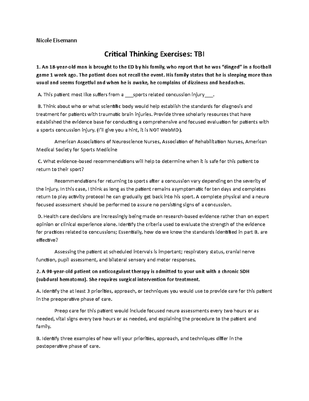 Tbi clinical assignment - Nicole Eisemann Critical Thinking Exercises ...