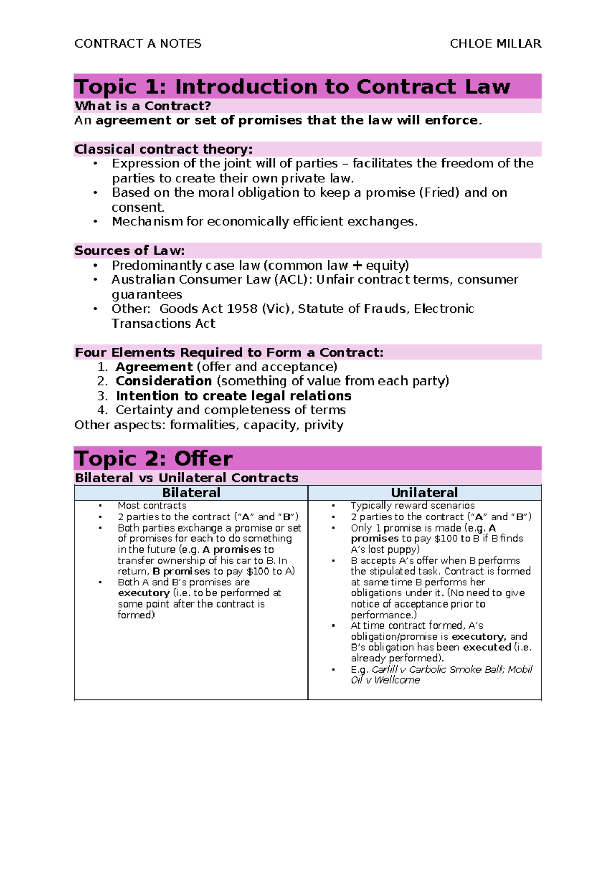Contract A Notes: Introduction to Contract Law and Key Concepts - Studocu
