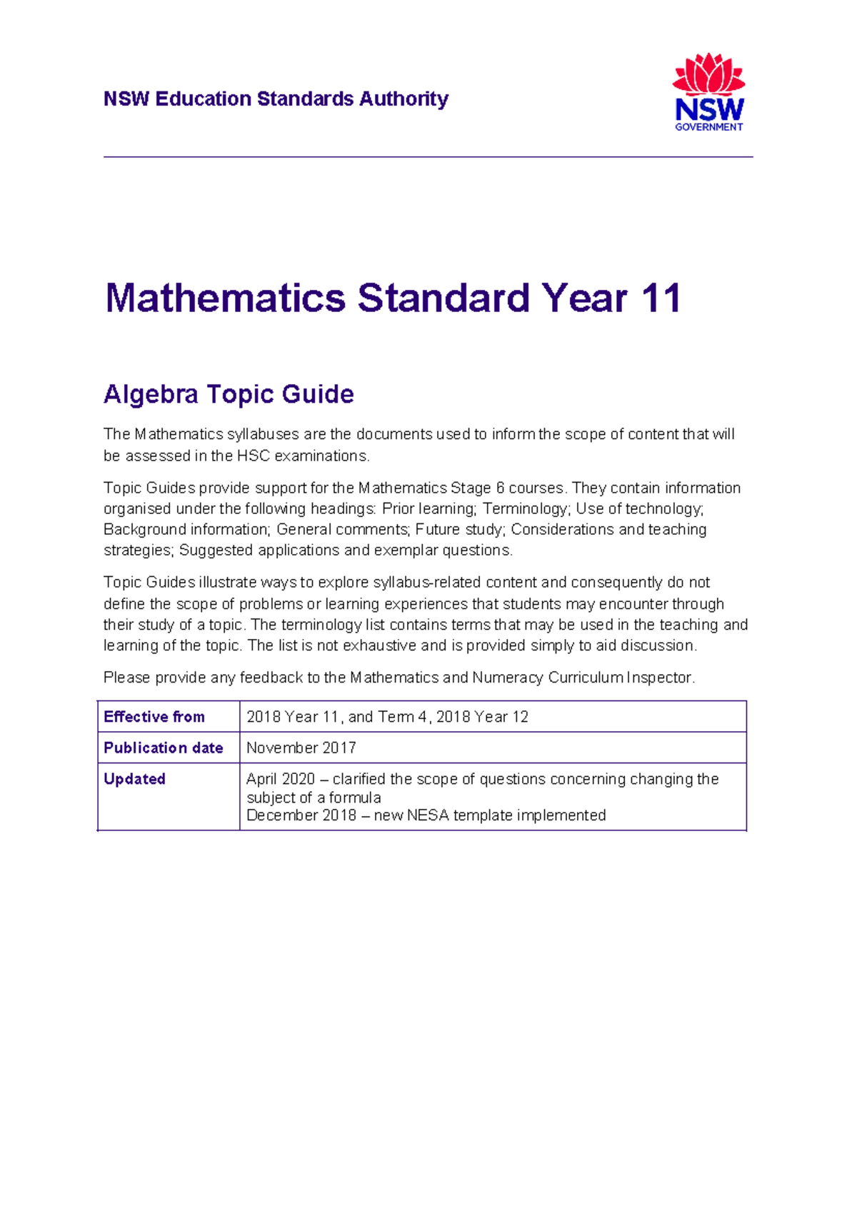 Mathematics Standard Year 11: Algebra Topic Guide Overview - Studocu