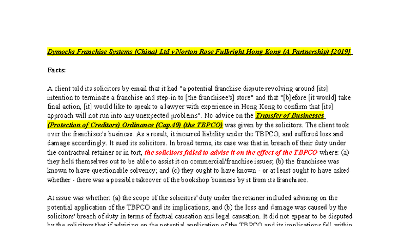 Dymocks Franchise Systems v Norton Rose Fulbright: Case Summary ...