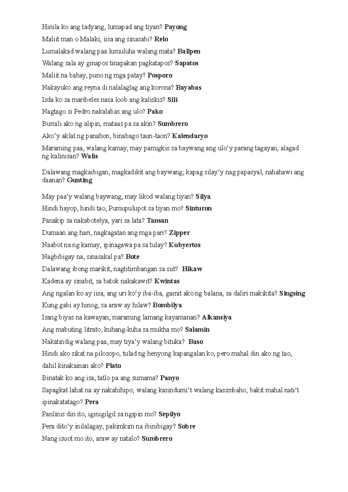 Mga Palaisipan at Sagot: Fun Riddles in Filipino - Studocu