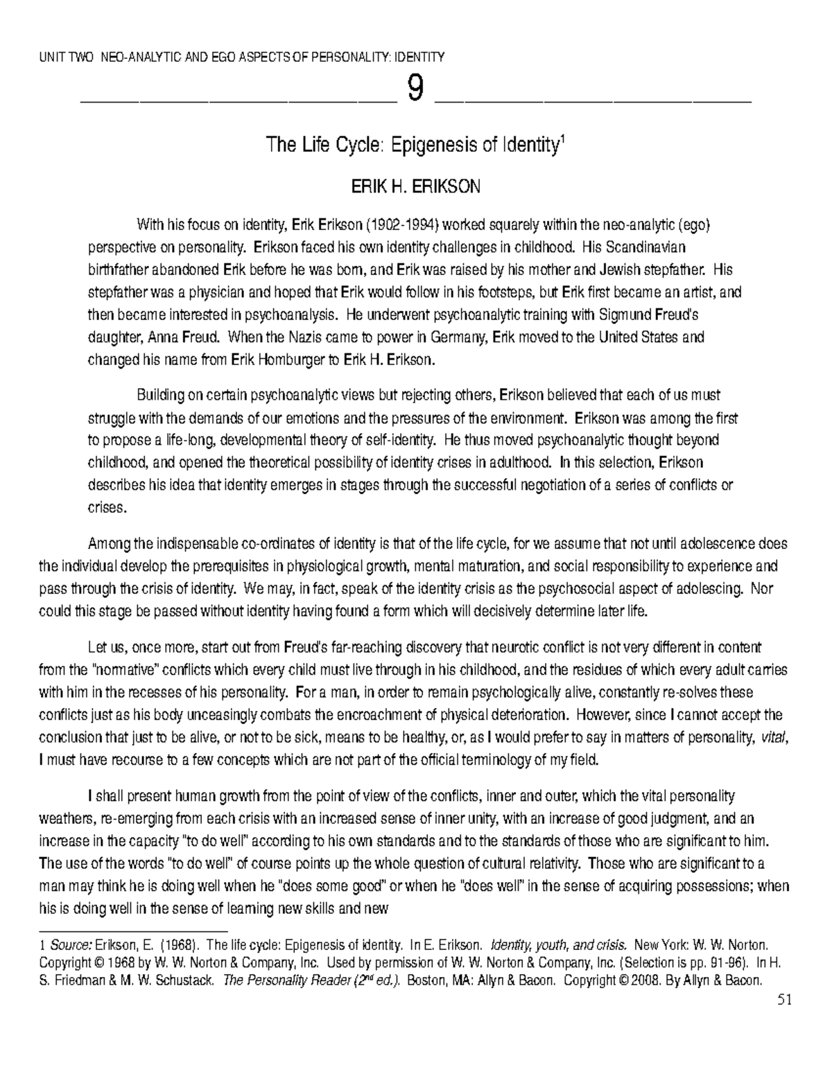 Erikson - The Life Cycle Epigenesis of Identity notes - UNIT TWO NEO ...