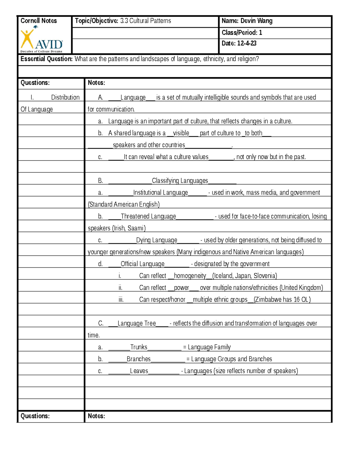 3.3 Cornell Notes on Cultural Patterns - Language & Religion - Studocu