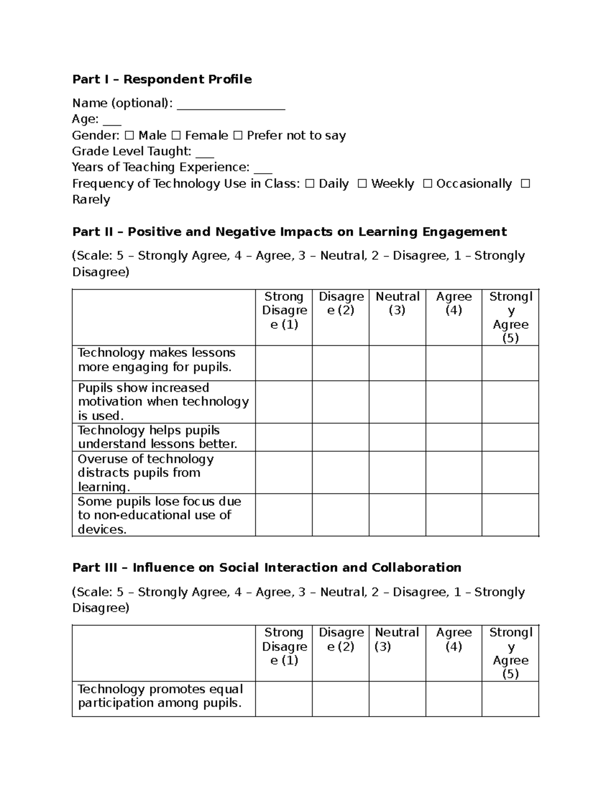 Survey Questionnaire on Technology's Impact on Learning Engagement ...