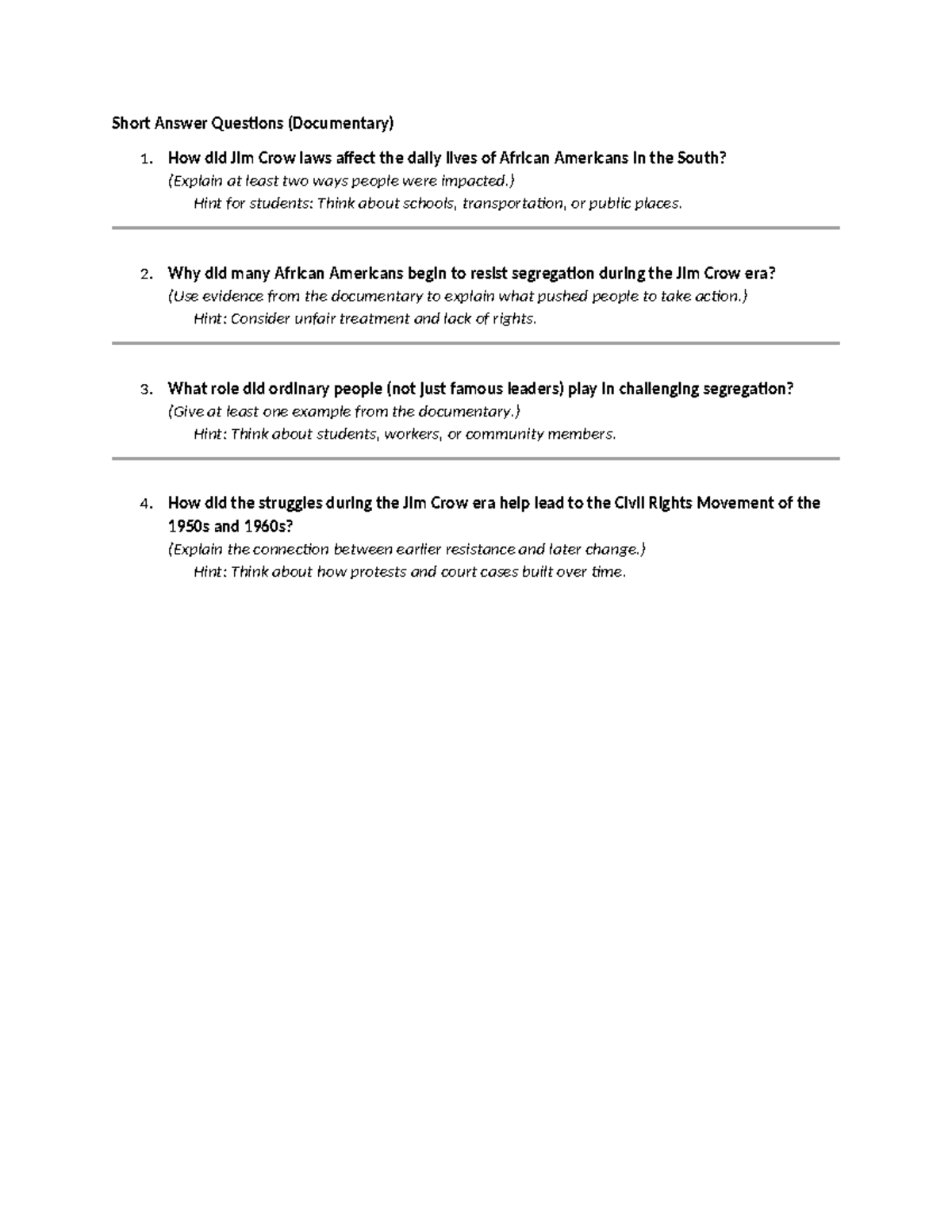 Jim Crow Laws & Racial Segregation: Short Answer Questions - Studocu