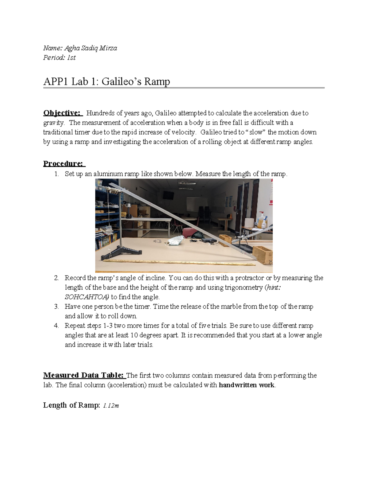 APP1 Lab 1: Galileo's Ramp - Acceleration Measurement (Physics) - Studocu