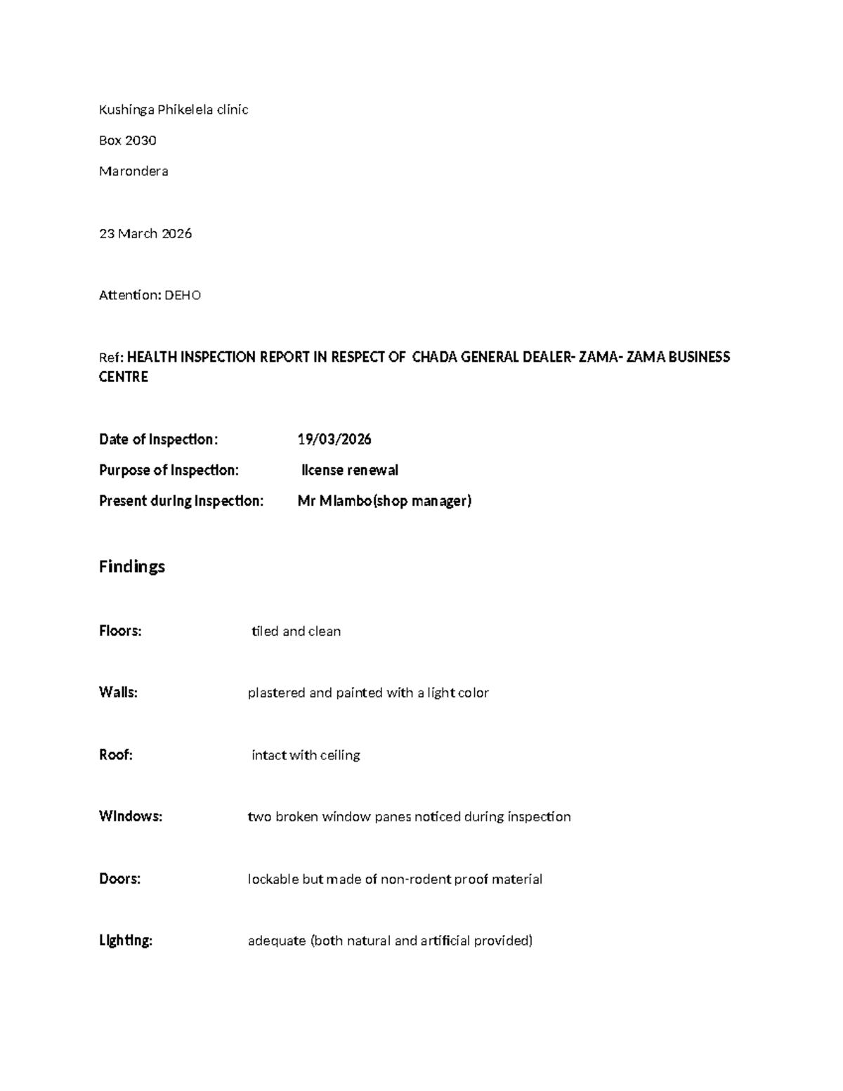 HEALTH INSPECTION REPORT: CHADA GENERAL ZAMA BUSINESS CENTRE - Studocu