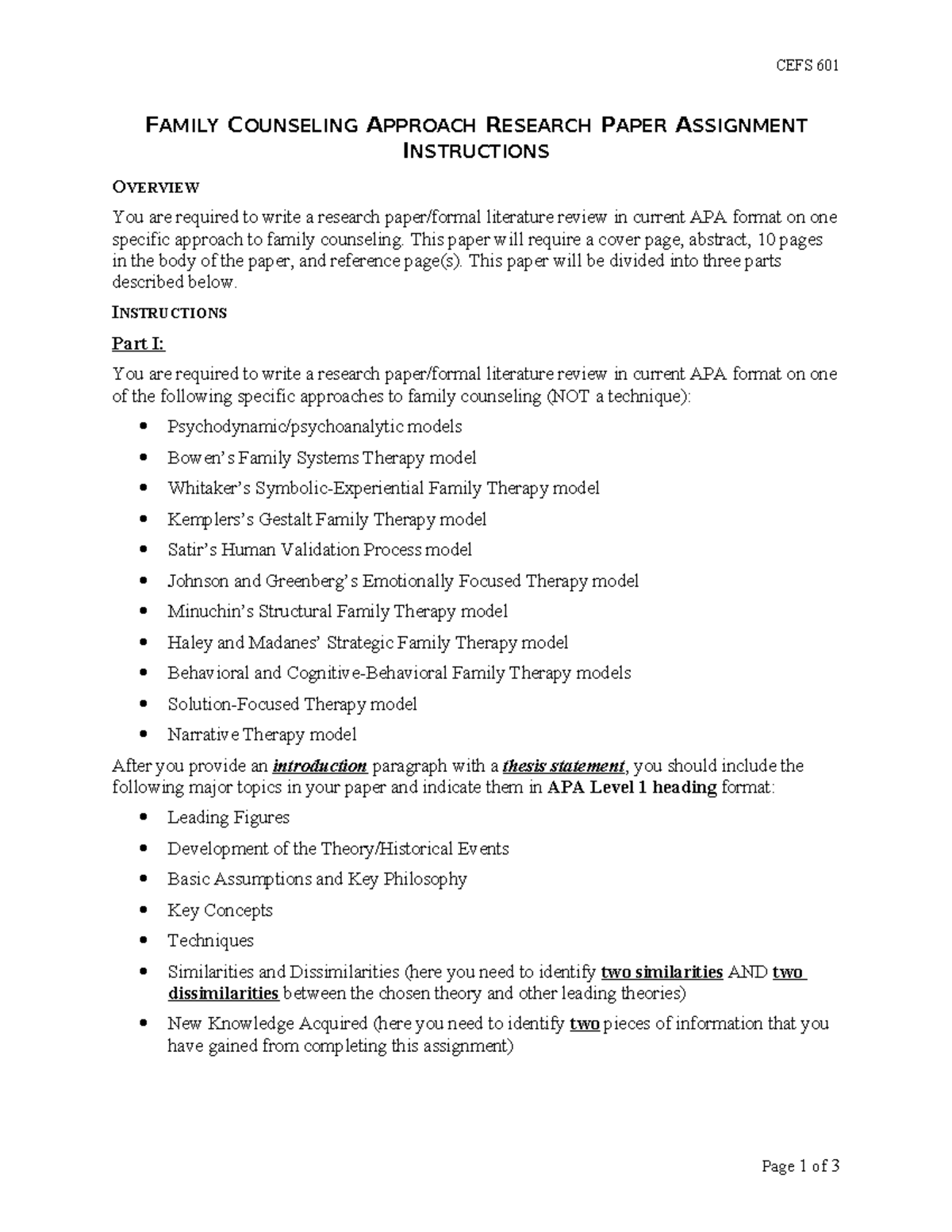 CEFS 601 Family Counseling Approach Research Paper Guidelines - Studocu