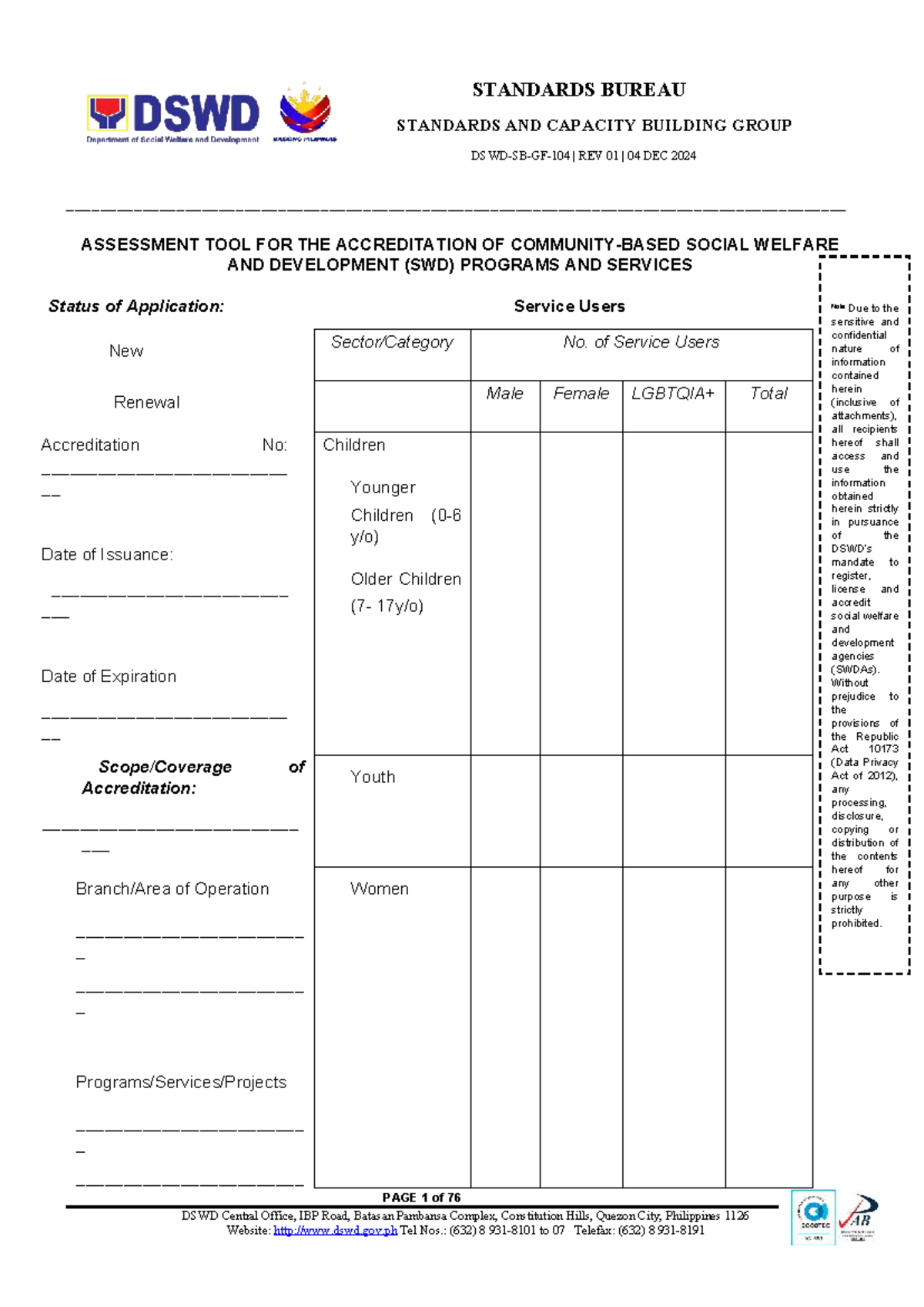 DSWD-SB-GF-104 REV 01: Accreditation Assessment Tool for SWD Programs ...