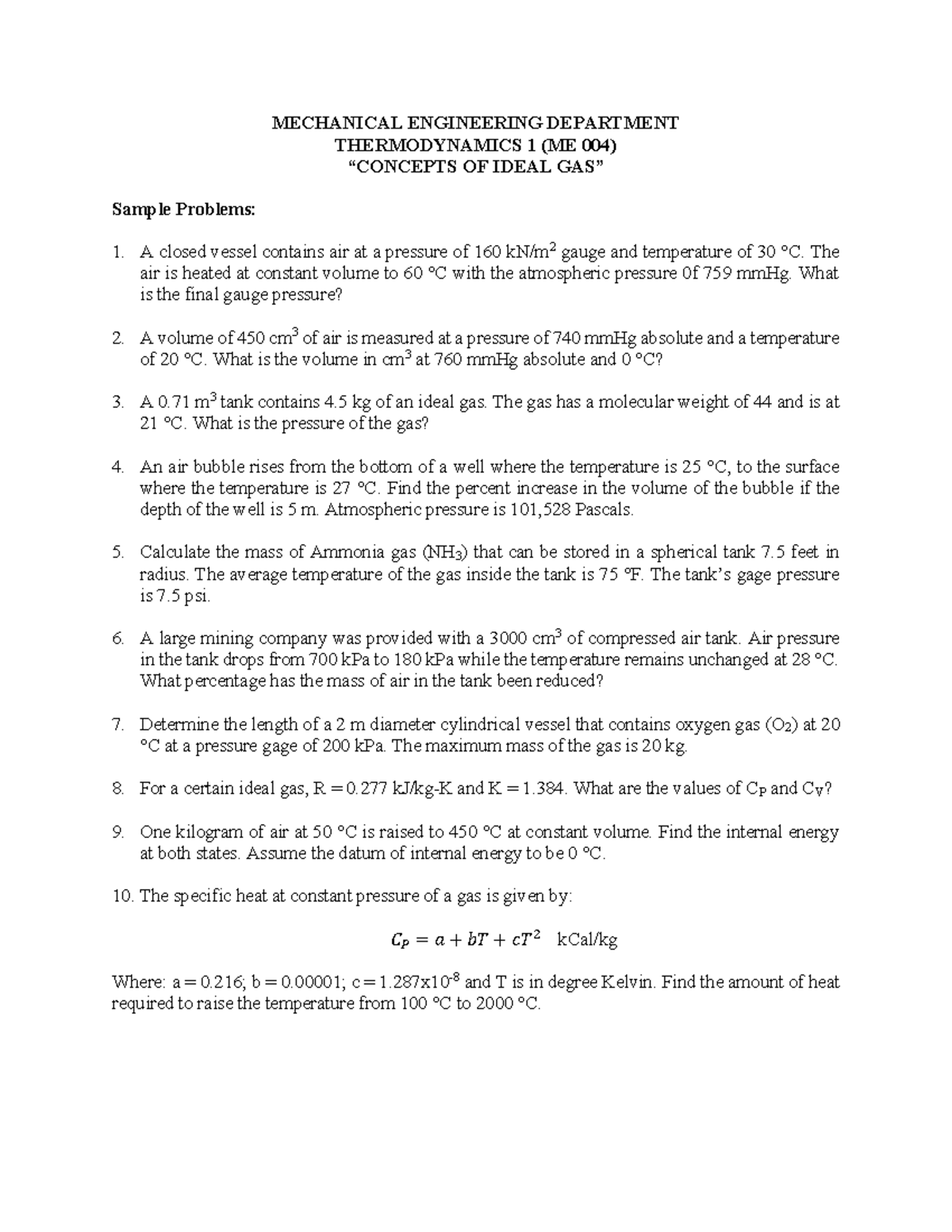 Ideal Gas Law Sample Problems - MECHANICAL ENGINEERING DEPARTMENT ...