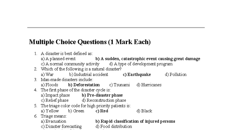 Disaster Management MCQs (1 Mark Each) - Course Code: DM101 - Studocu