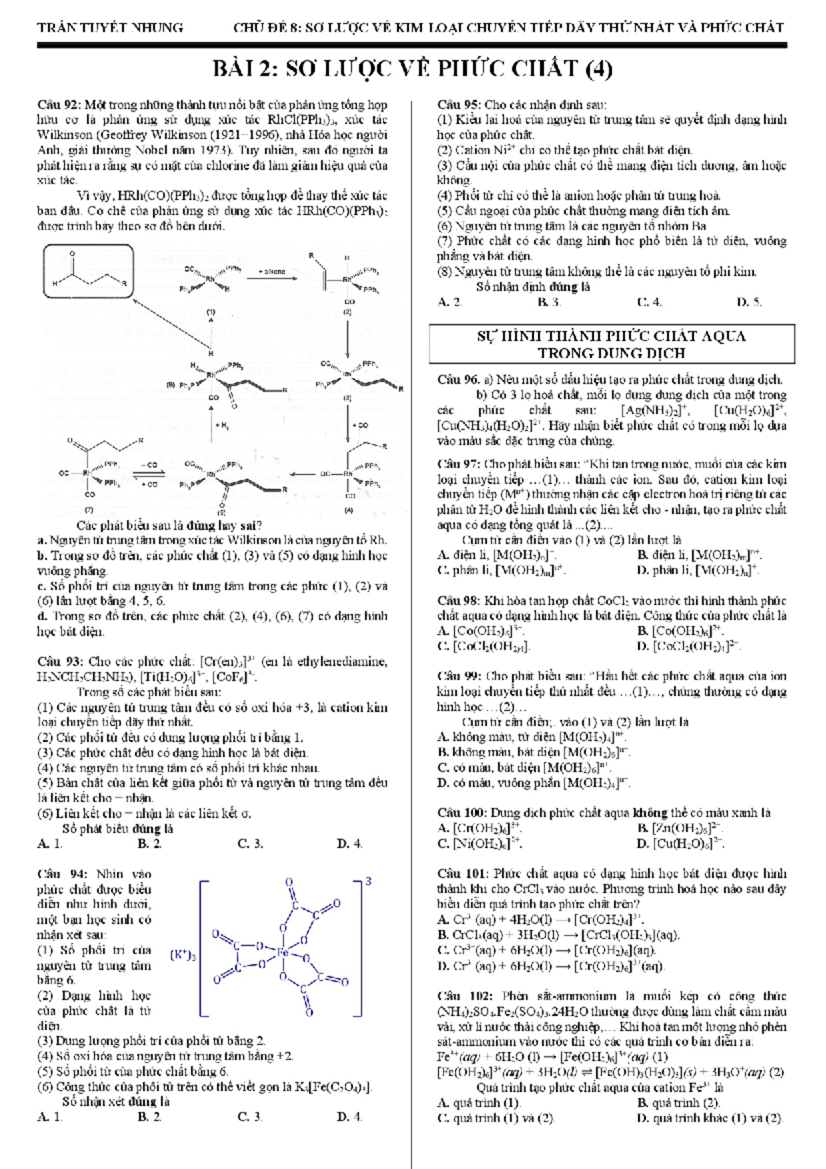 BÀI TẬP PHỨC CHẤT TỜ 4 VÀ 5: LUQC VỀ KIM LOẠI CHUYỂN TIẾP DÃY THÚ NHẤT ...
