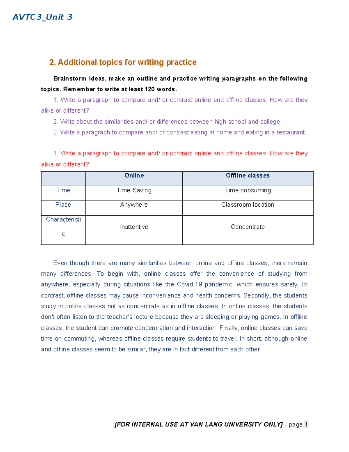 AVTC3 Unit 3: Writing Comparison Paragraphs on Diverse Topics - Studocu