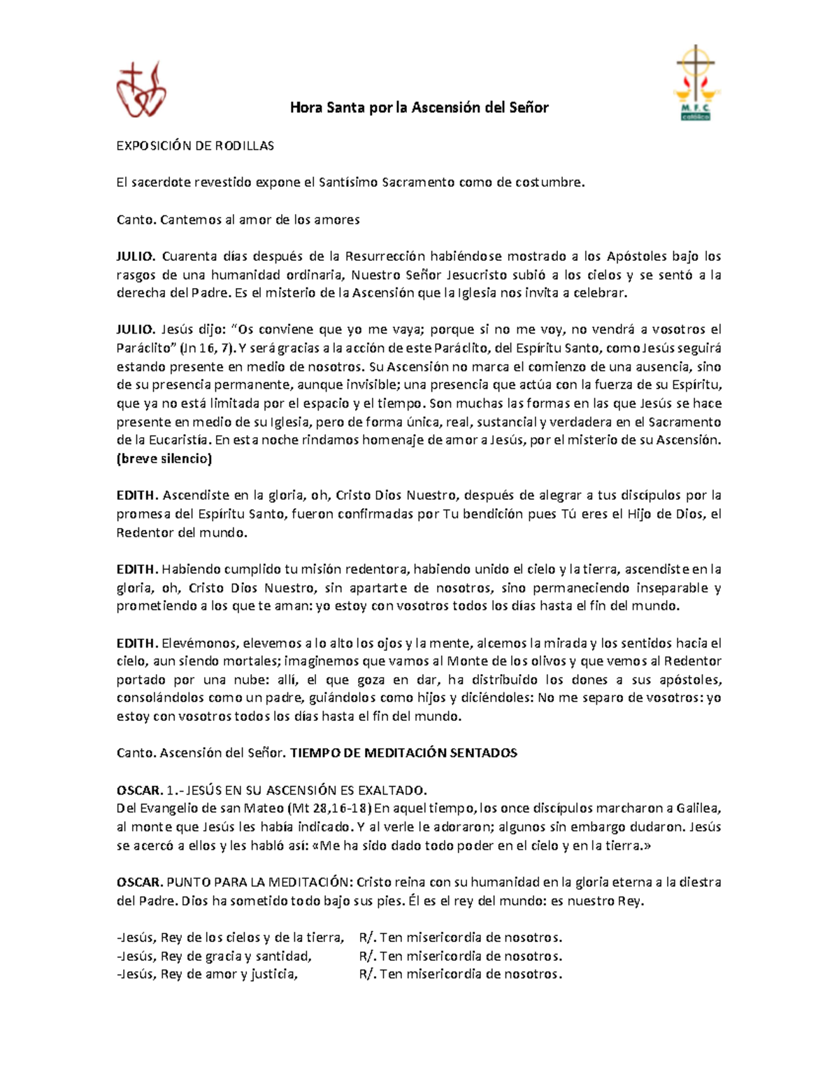 Hora Santa Reflexiones Y Meditación Sobre La Ascensión Del Señor Studocu