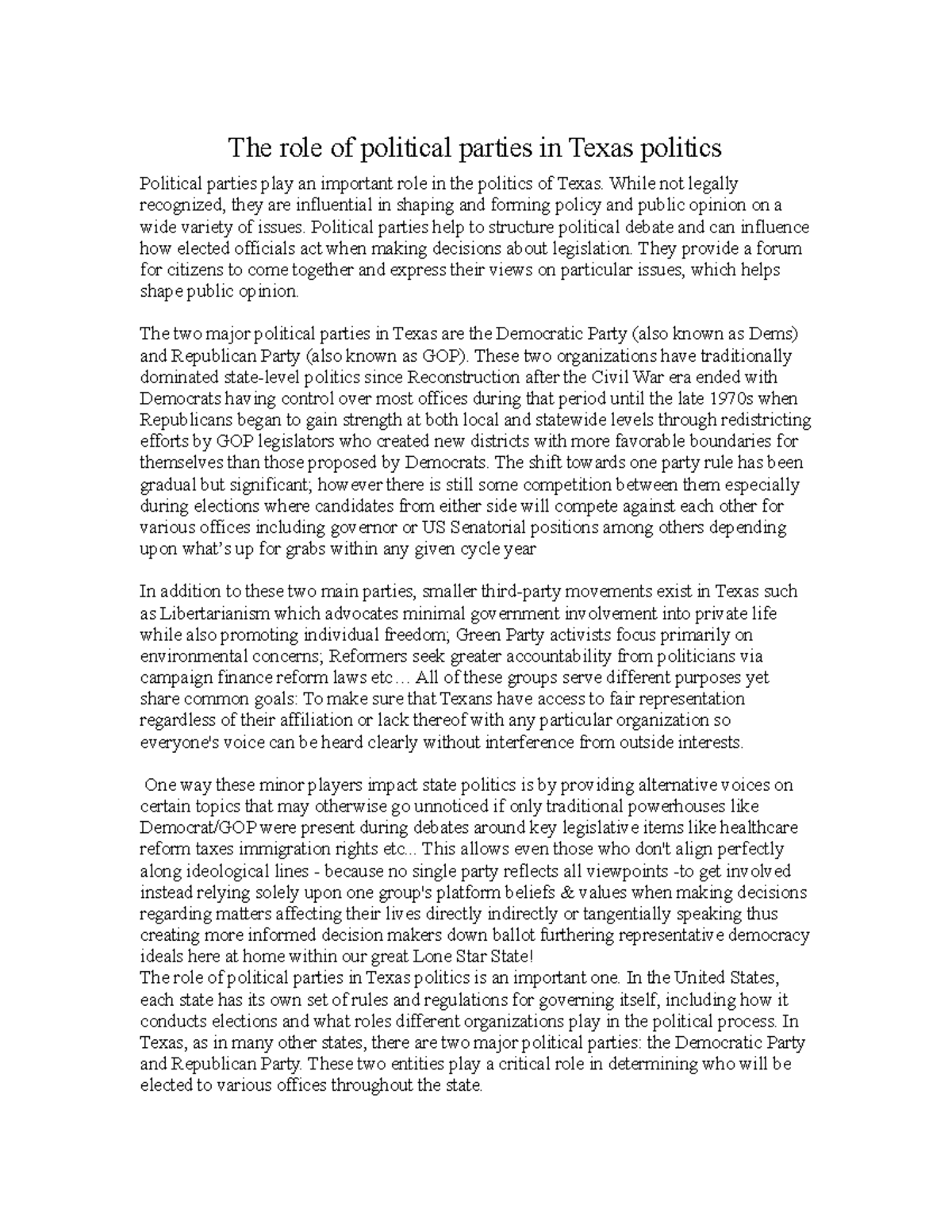 Political Parties in Texas Politics: Impact and Representation Analysis ...