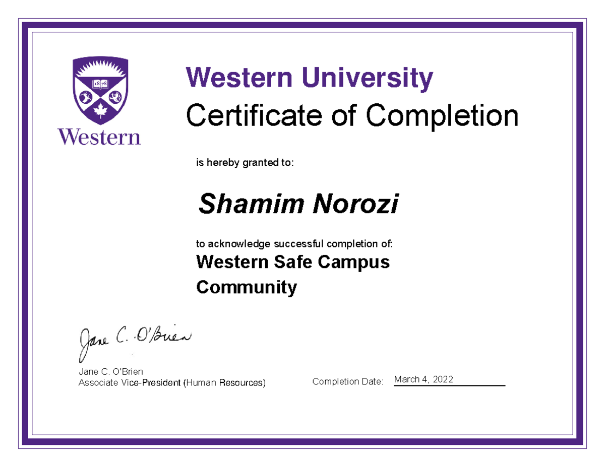 Western safe campus community certificate - shamim norozi - 2280 ...