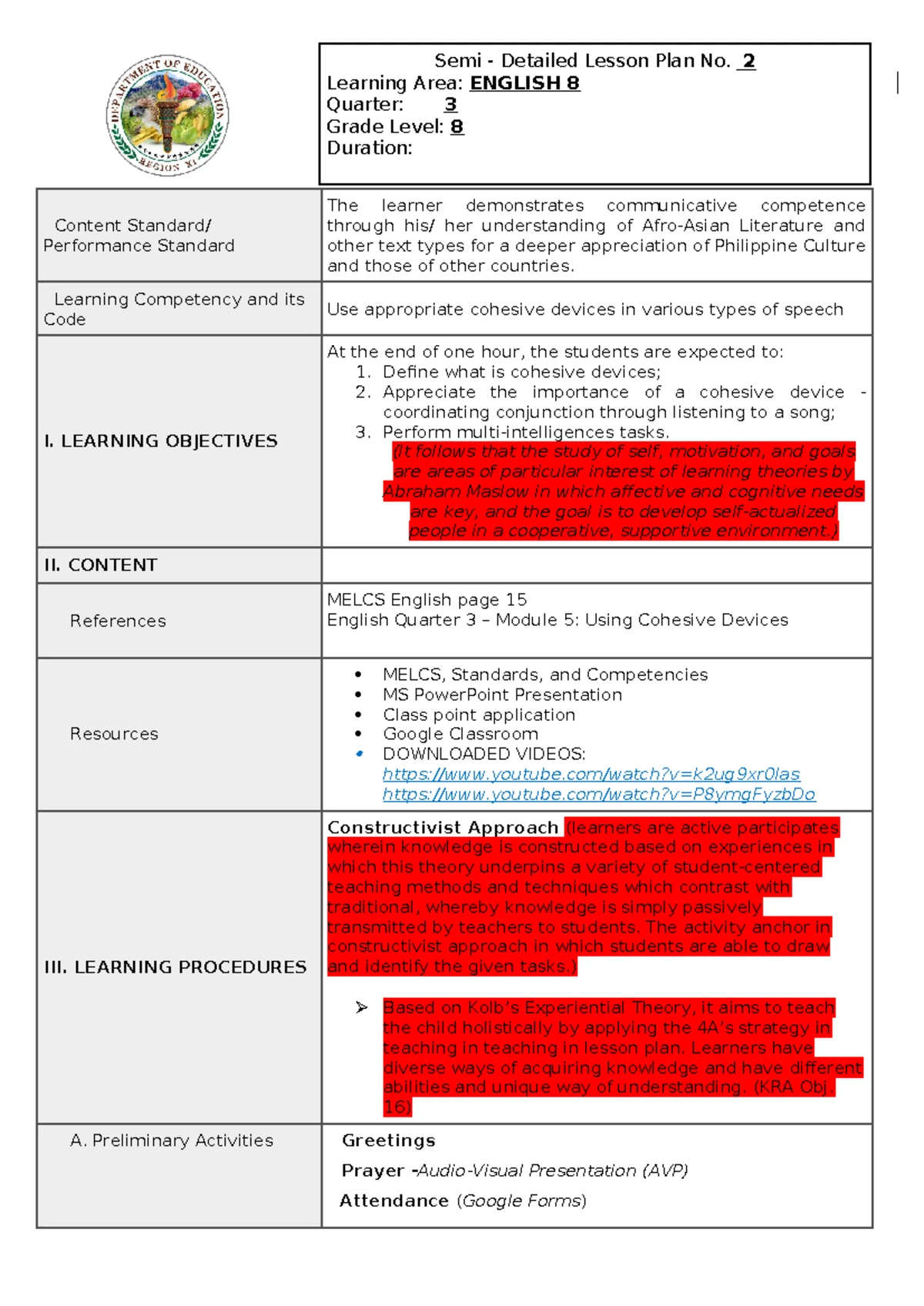 LP Grade 8 - Lesson Plan on Opinion-marking Signals - Studocu